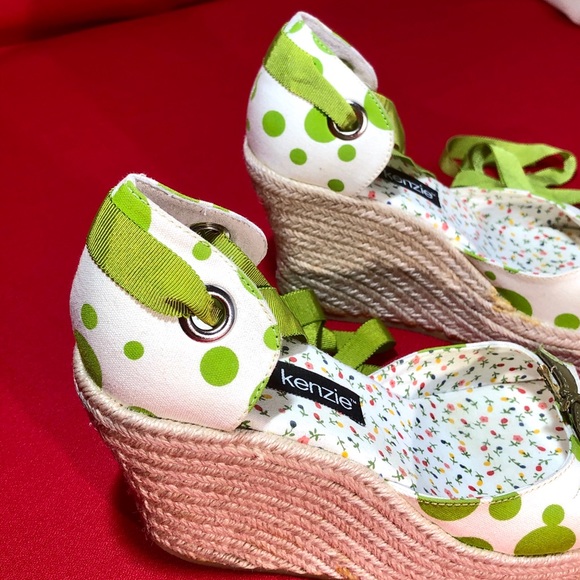 kenzie | Shoes | Kenzie Polka Dot White Pink Green Wedge Tie Heel 6 ...